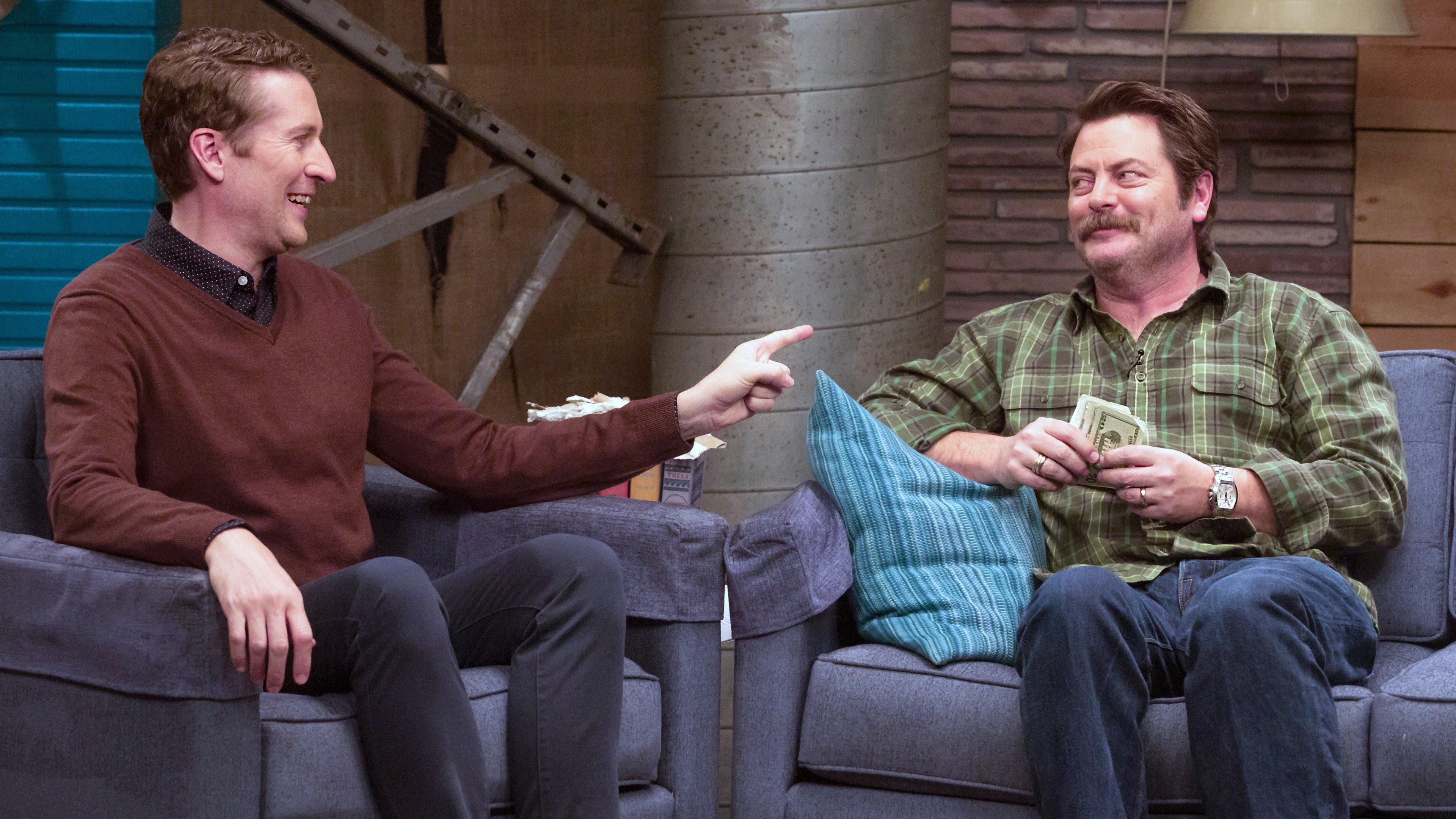 Comedy Bang! Bang!: Nick Offerman Wears a Green Flannel Shirt and Brown ...